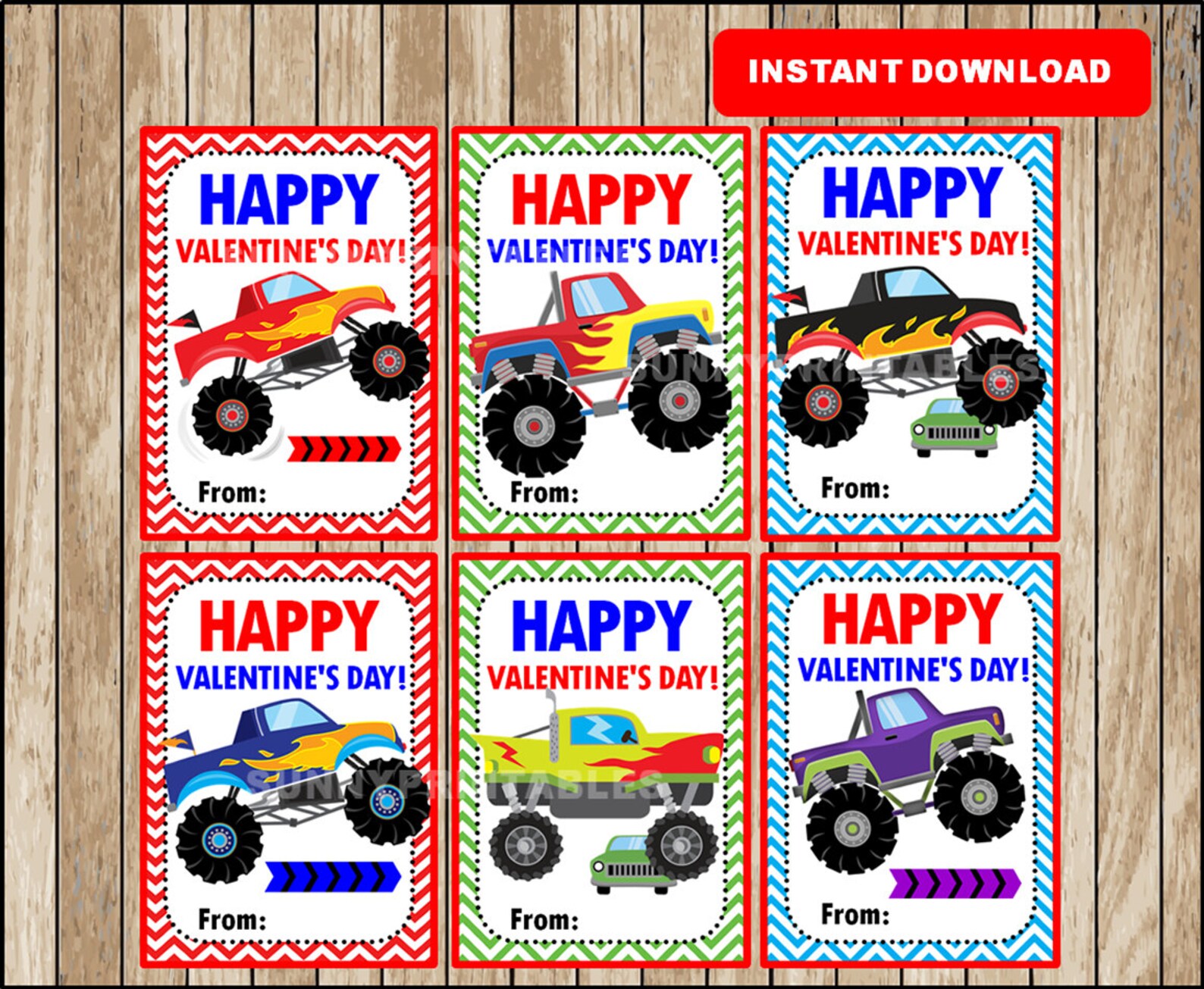 Monster Trucks Valentine's Day Cards, Kids Printable Valentine's Cards ...