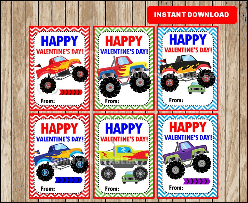 Monster Trucks Valentine's Day Cards Kids Printable | Etsy