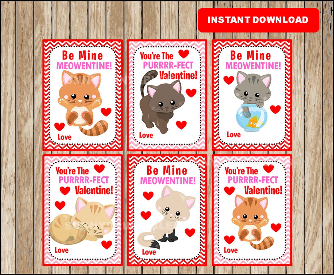 Cat Valentine Cards , Kitty Valentine's Card , Printable Kids Valentine ...