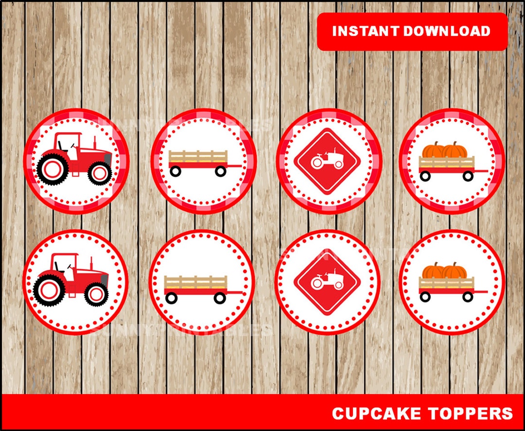 Tractor Cupcakes Toppers; Printable Red Tractor Toppers, Farm Party ...