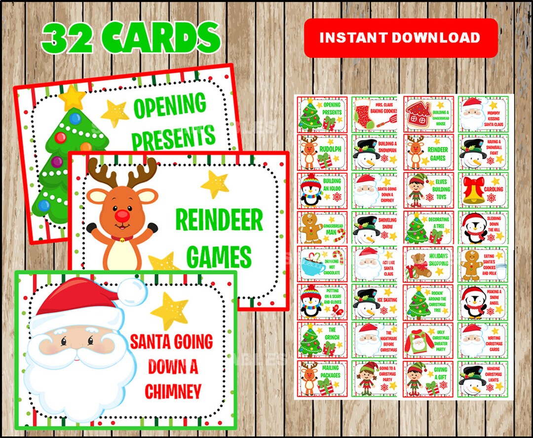 Printable Christmas Game Cards for Pictionary or Charades, Hangman, 32 ...
