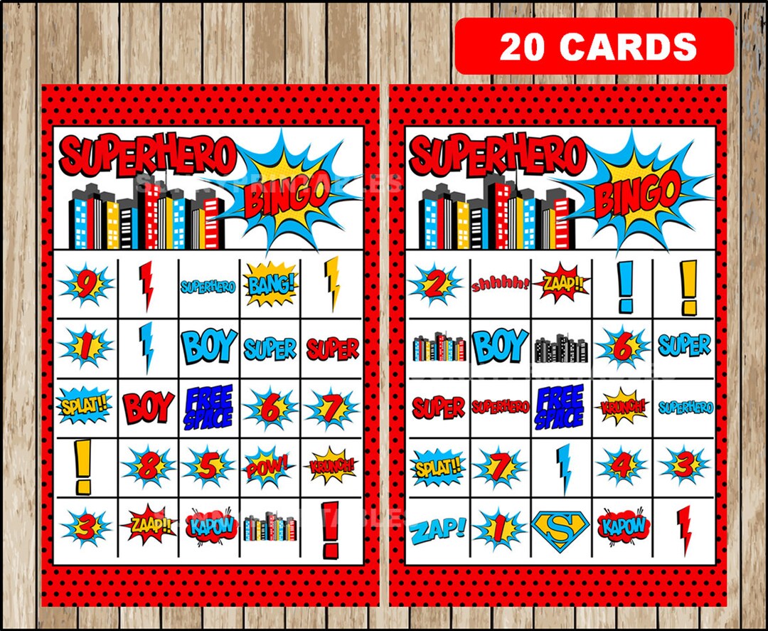 Printable 20 Superhero Bingo Game; Printable Super Hero Bingo Cards ...