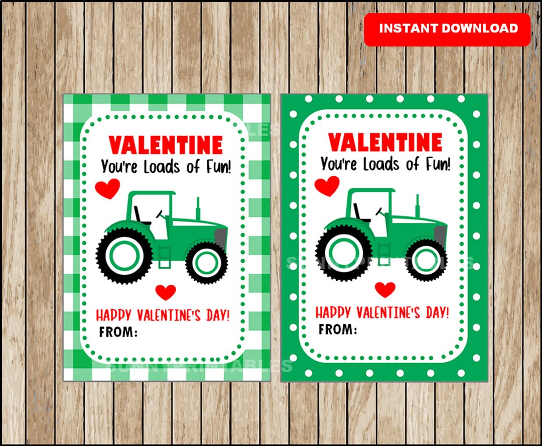Tractor Valentine's Day Cards Instant Download, Printable Green Tractor ...