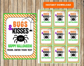 Bugs and Kisses Tags, Printable Halloween Gift Tags, Spiders, Candy ...