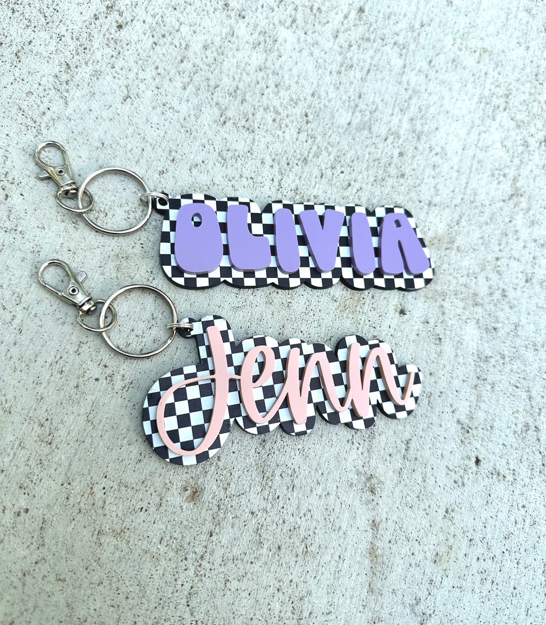 Name Keychain, Checkered, Acrylic Tag, Personalized Name Clip, Backpack ...