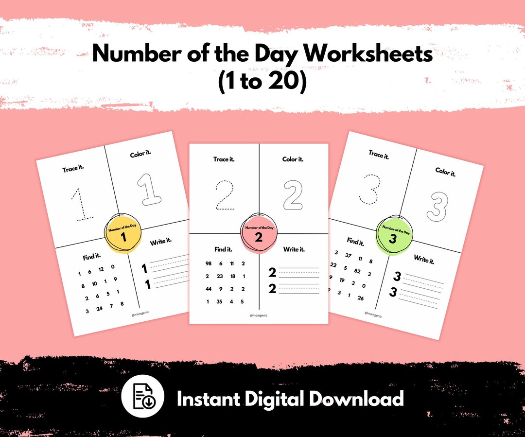 Number of the Day Worksheets 1 to 20 homeschool Preschool - Etsy