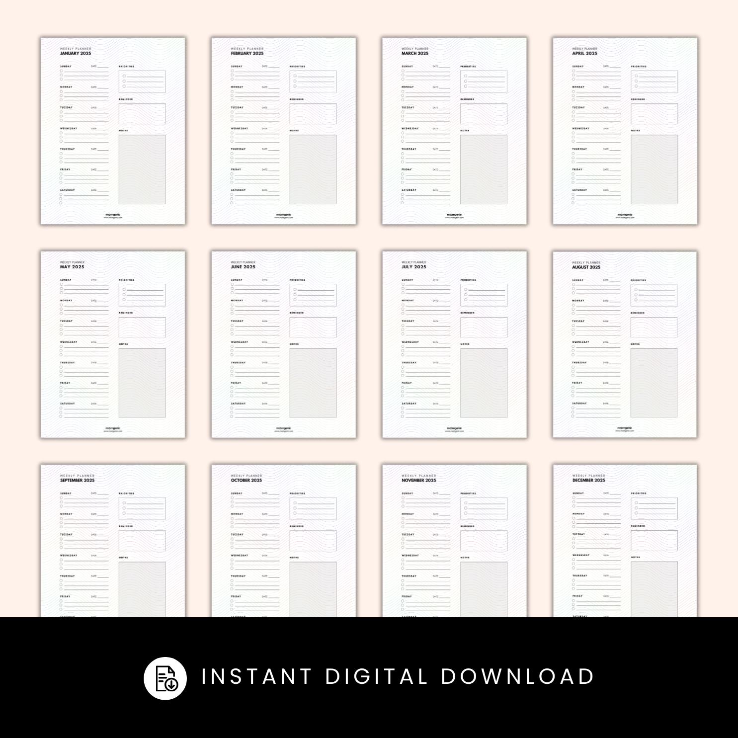 Blank 2025 Weekly Planner (calendar, Schedule, Monday Through Sunday ...