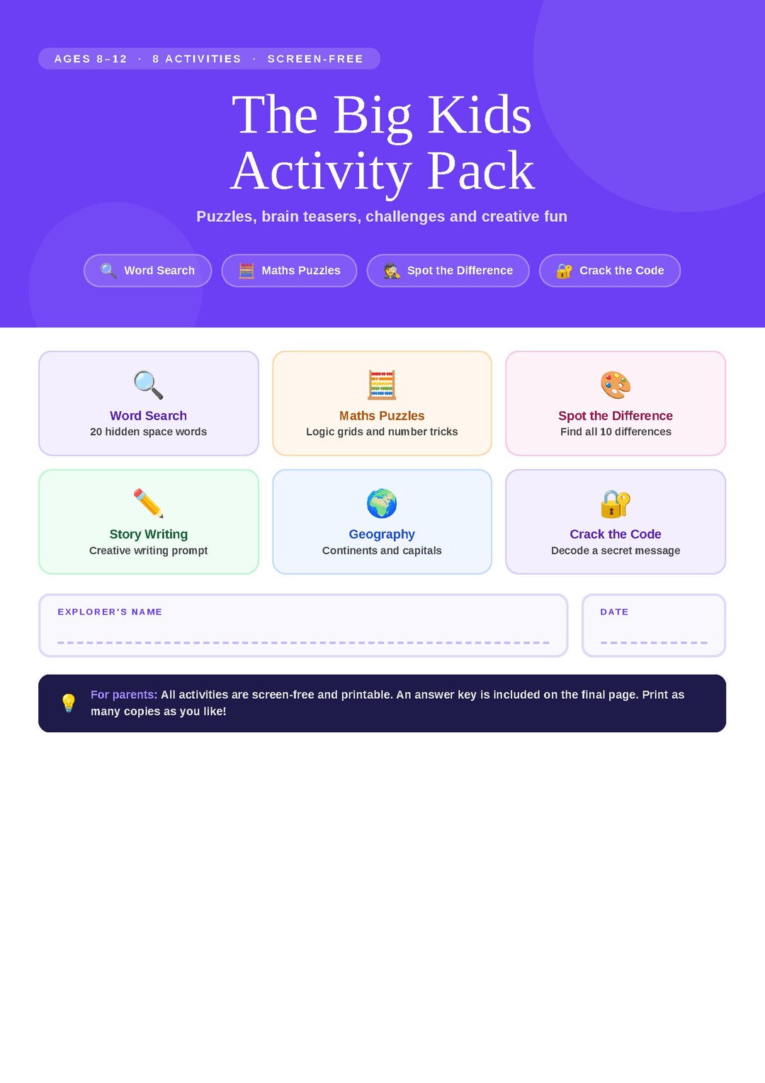 Printable Activity Pack for Kids Ages 8-12 | Screen-free Puzzles, Brain ...