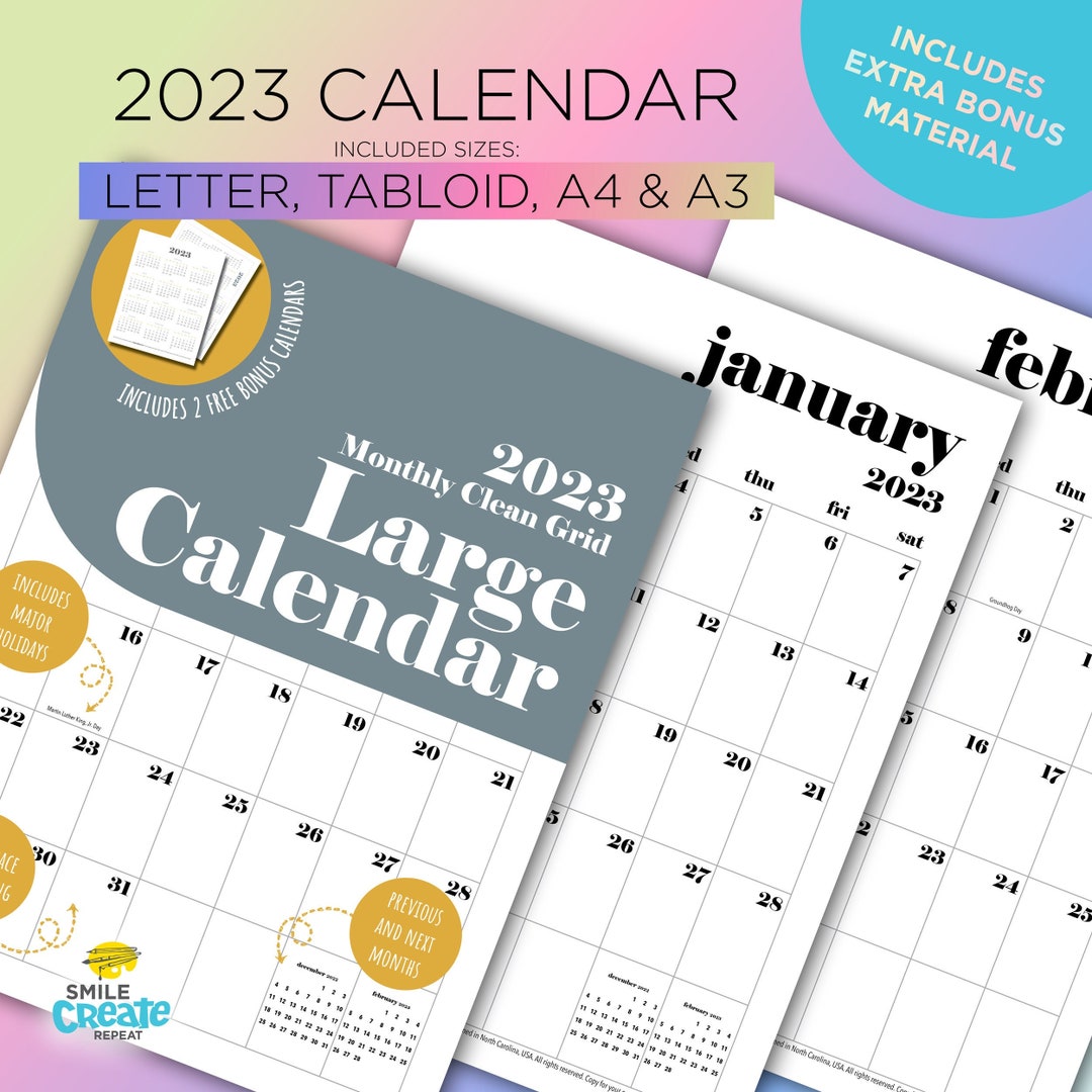 Printable Monthly Calendar 2023, Clean Modern Design With Holidays ...