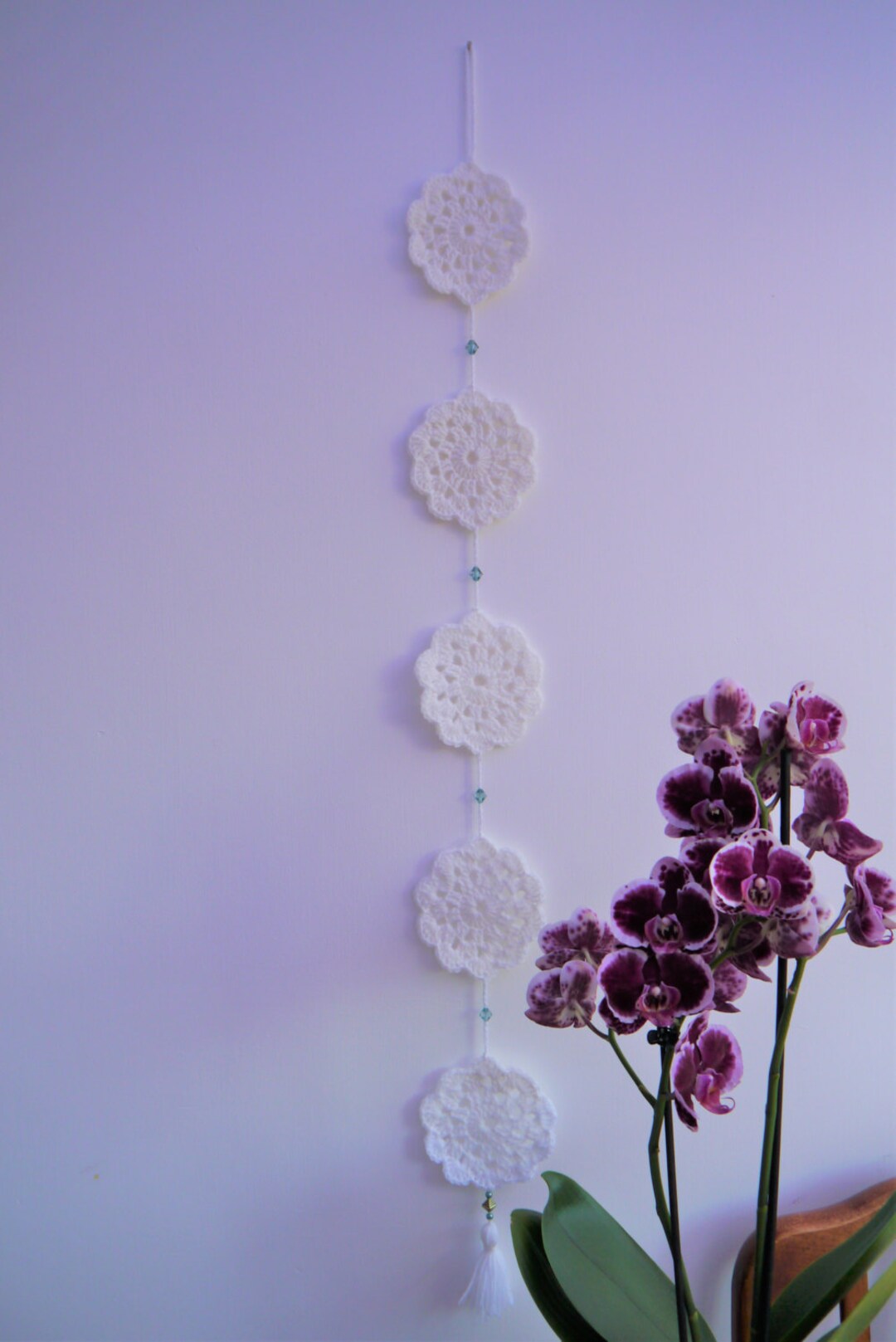 White Crochet Boho Wall Hanging With Blue Crystal Beads - Etsy