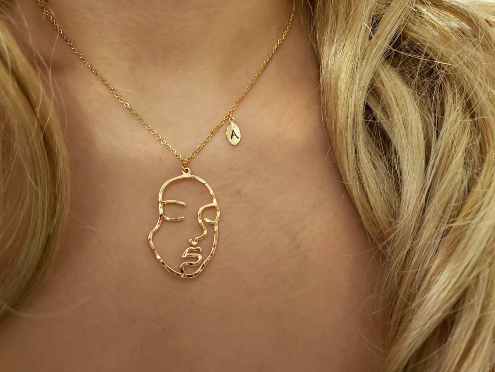 18k Gold Big Face Necklace,abstract Face Pendant Necklace,fancy ...