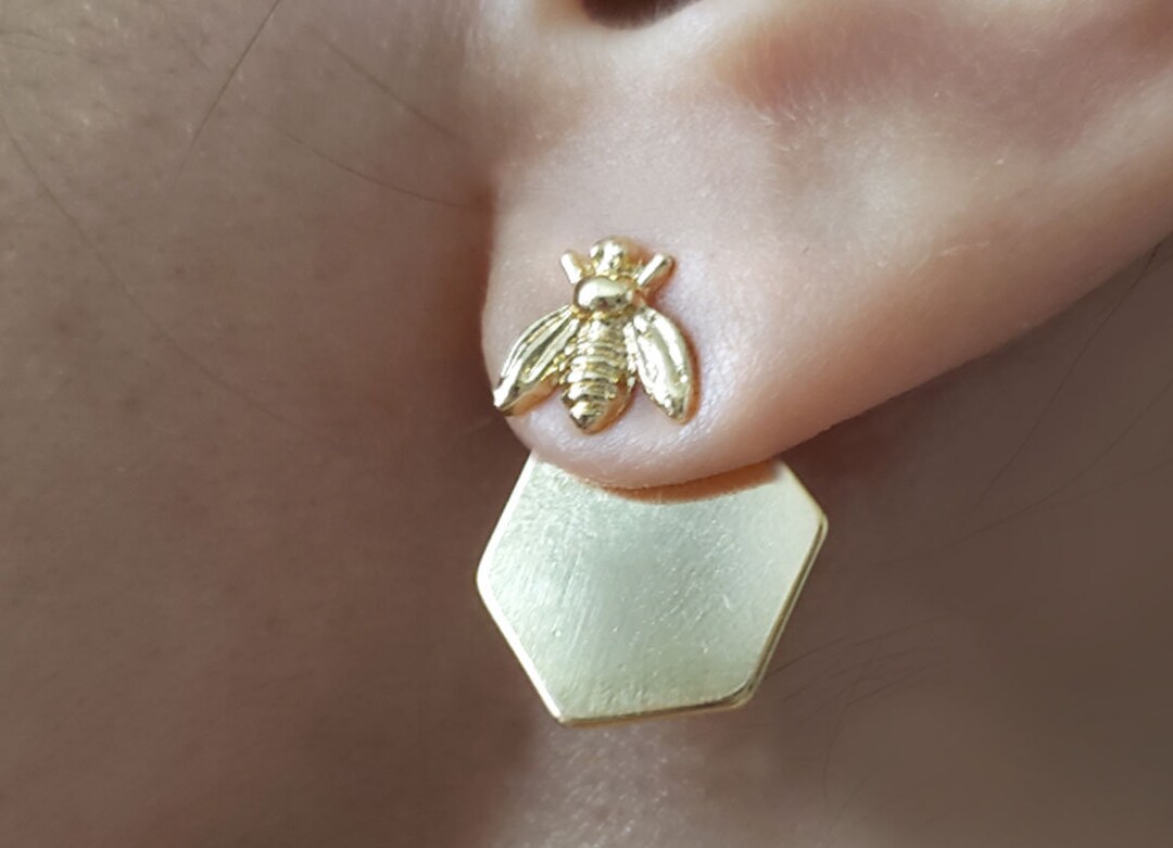 18k Gold Honey Bee Earring,bee Ear Jacket,hexagon Earring,bee Ear Cuff ...