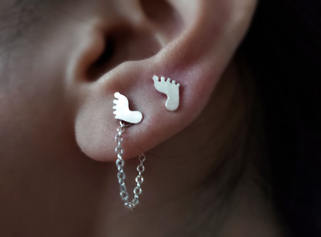 Tiny 18k Gold Foot Print Earrings,unbalance Earring,threader Earring ...