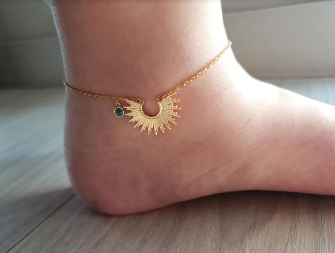 Sunbeam Anklet • Birthstone Flaming Sun Anklet •18k Gold Delicate ...
