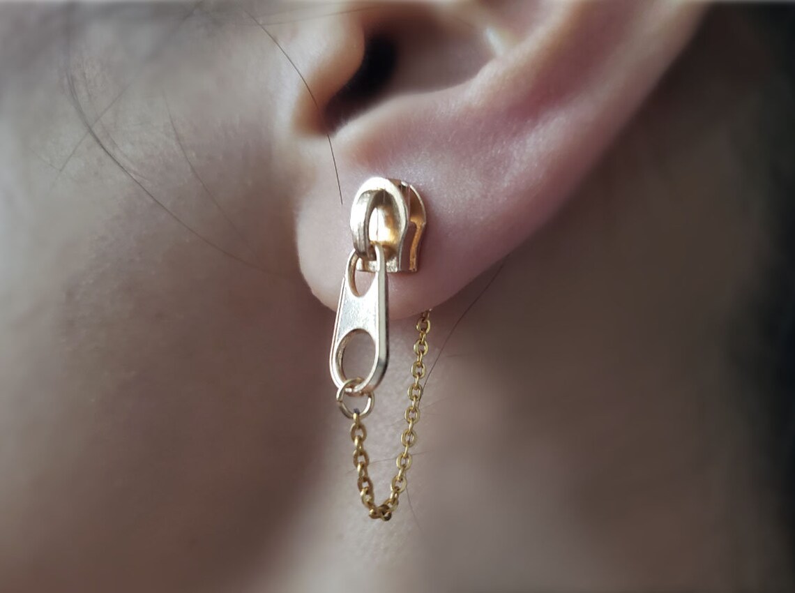 Gold Zipper Earringzipper Earringszipper Ear Jacketthreader | Etsy