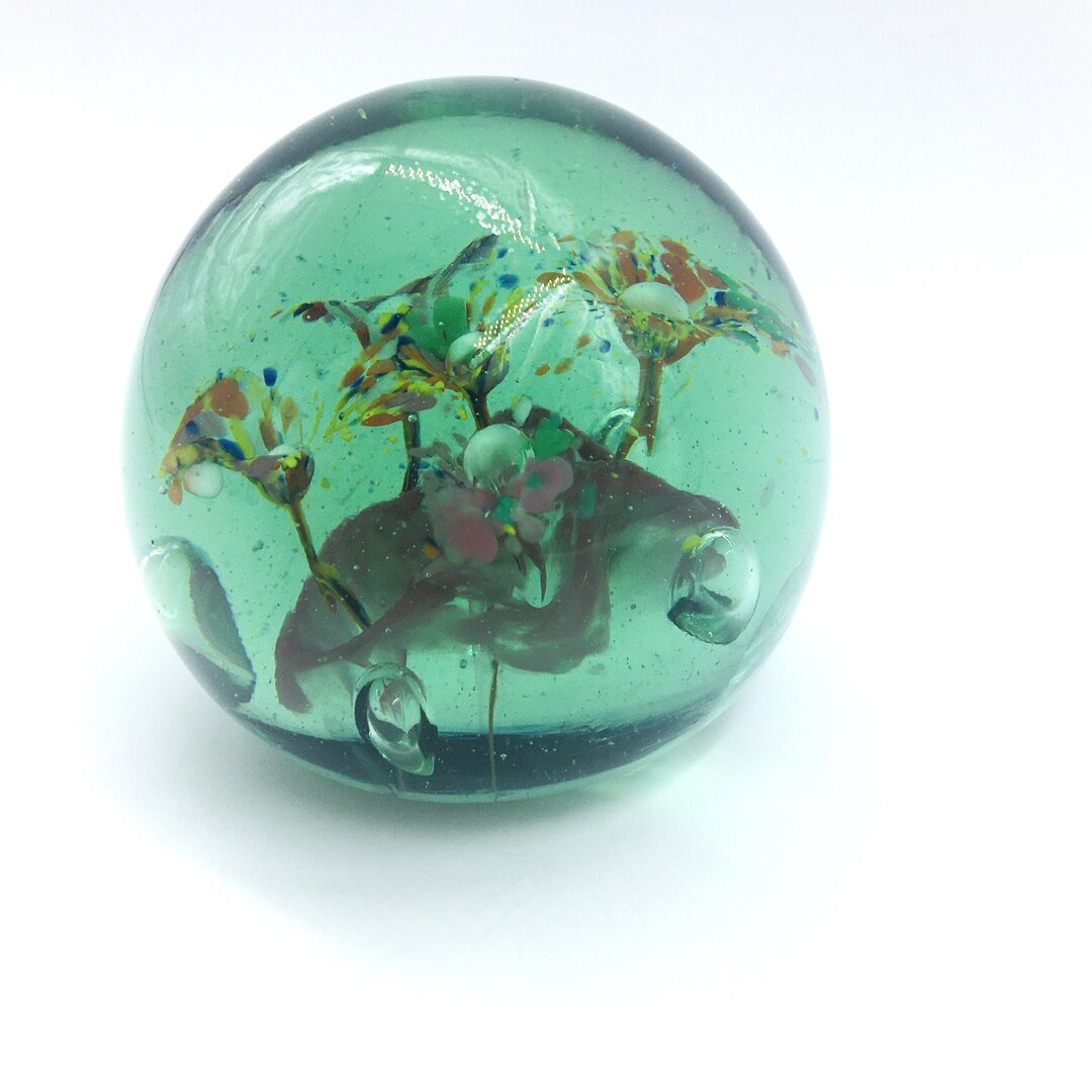 Artisan Handblown Floral Green Glass Paperweight - Decorative Desk ...