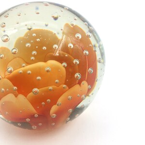 Handblown Glass Paperweight With Encased Flower | Vibrant Orange Bubble ...