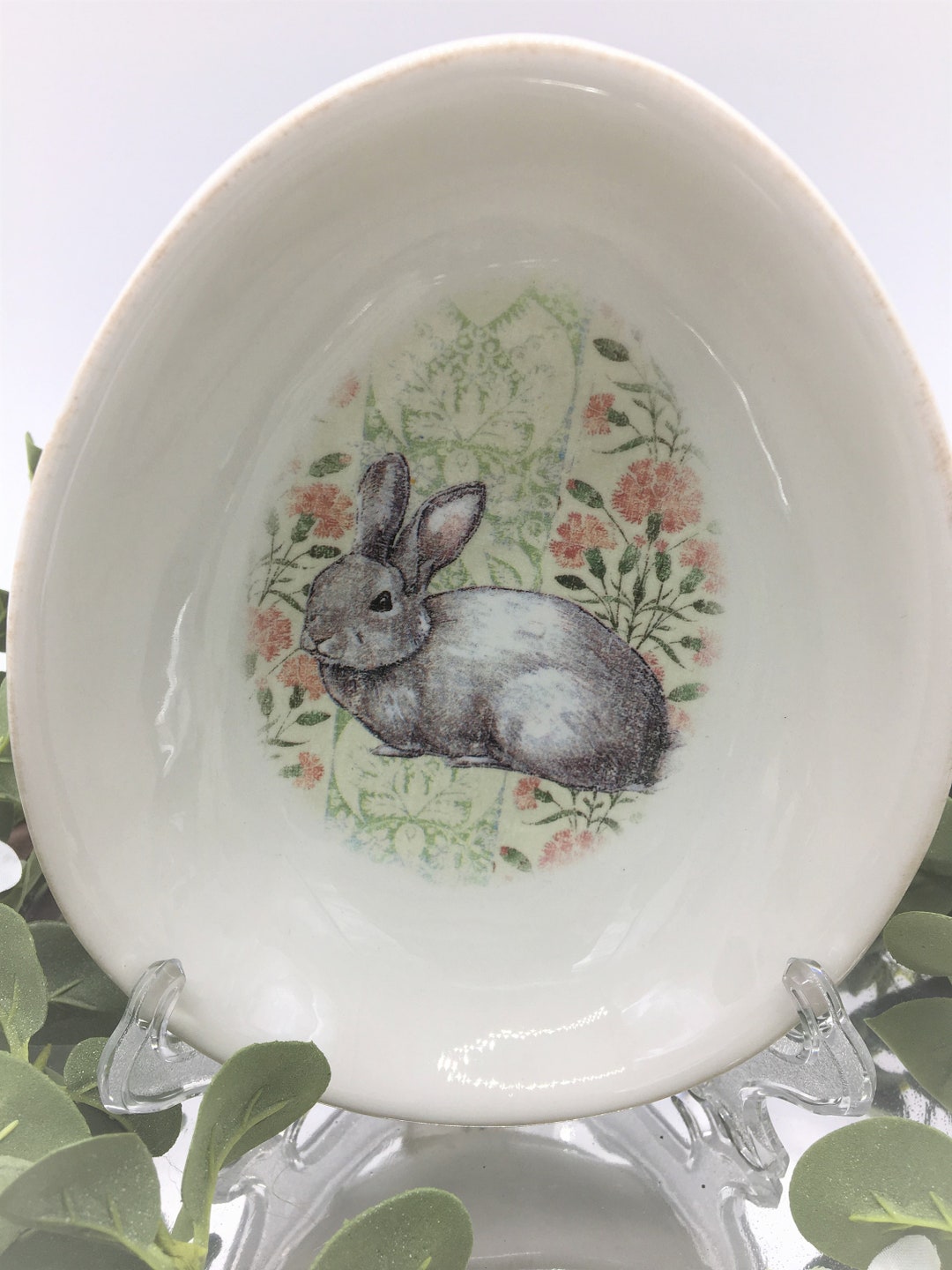 Rustic Farmhouse Ceramic Rabbit Bowl With Stand for Easter Bunny Decor ...