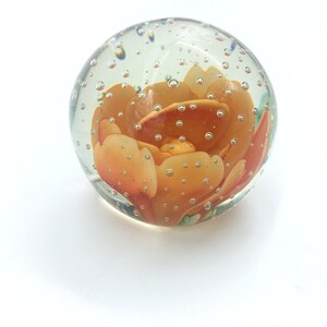 Handblown Glass Paperweight With Encased Flower | Vibrant Orange Bubble ...