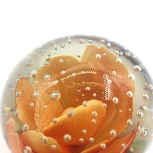 Handblown Glass Paperweight With Encased Flower | Vibrant Orange Bubble ...