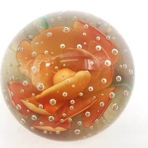 Handblown Glass Paperweight With Encased Flower | Vibrant Orange Bubble ...