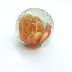 Handblown Glass Paperweight With Encased Flower | Vibrant Orange Bubble ...
