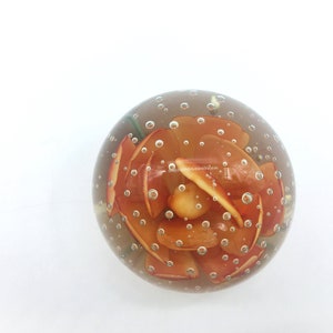 Handblown Glass Paperweight With Encased Flower | Vibrant Orange Bubble ...