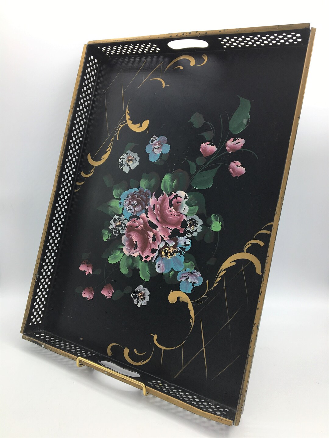 Hand-painted Vintage Toleware Tray With Floral Design and Gold Accents ...