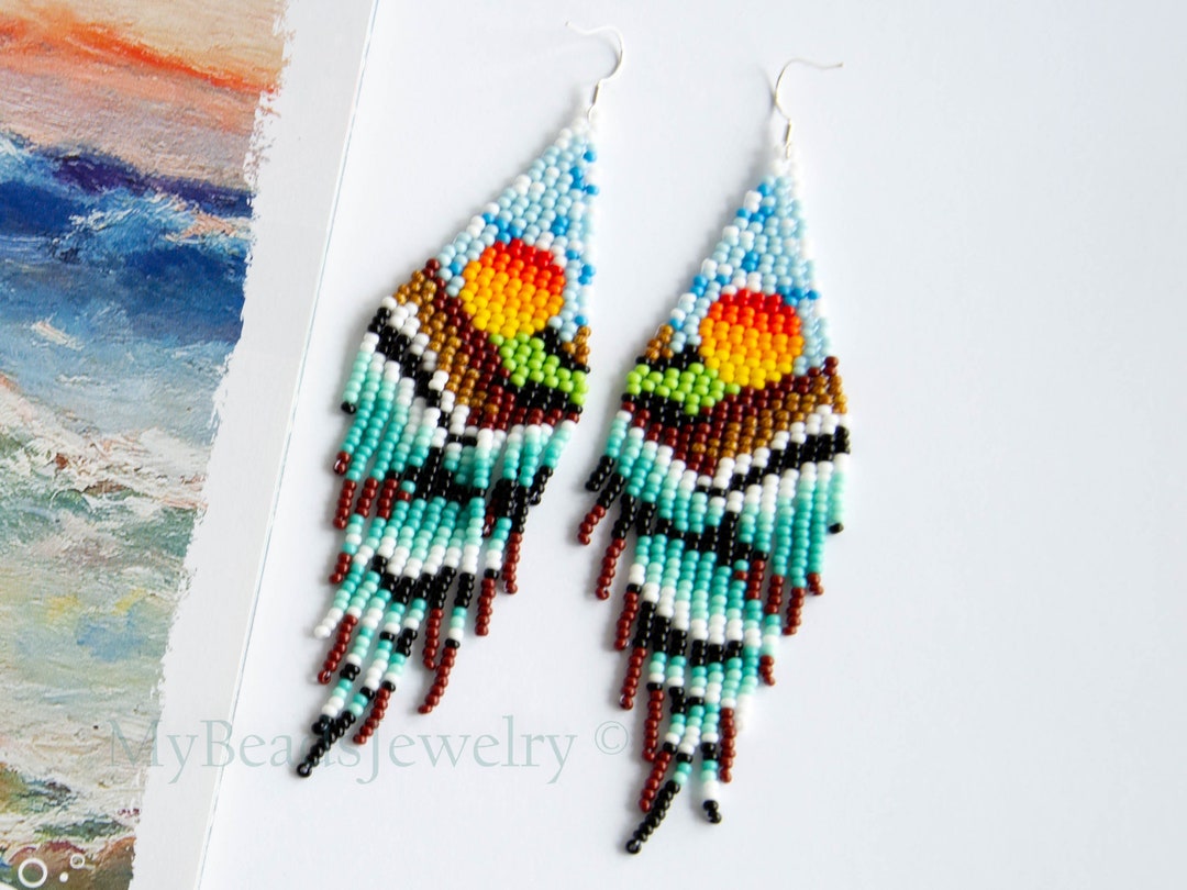 Sunset Sunrise Earrings, Beaded Fringe Earrings Mountain Sun Geometric ...