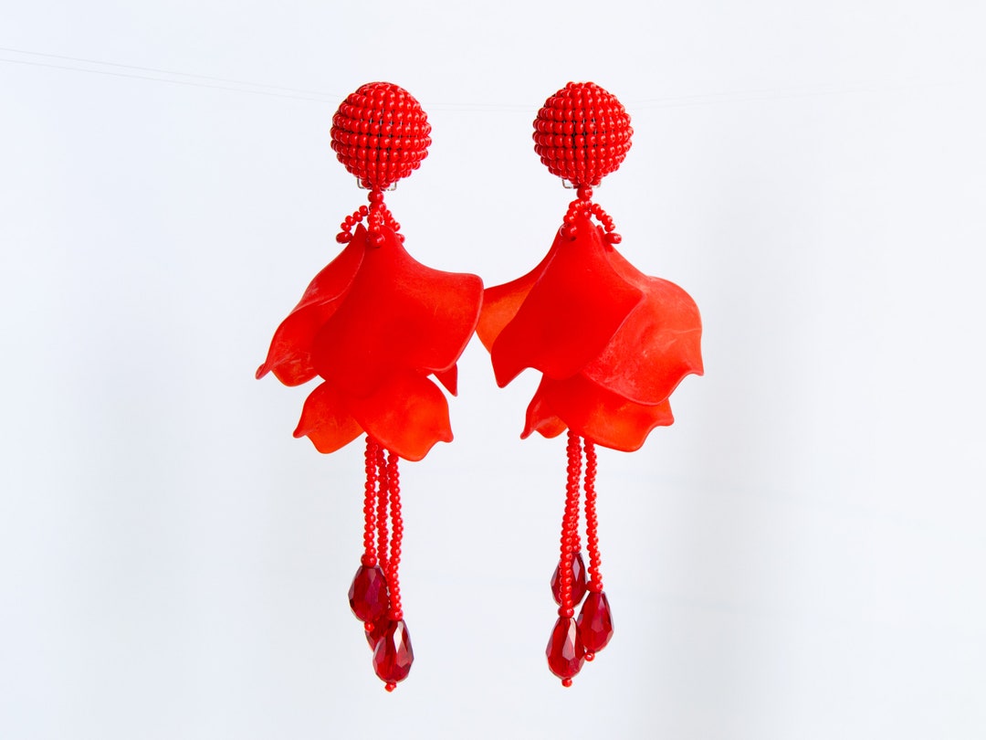Red Impatiens Flower Clip-on Earrings, Crystal Bead Boho Style - Etsy