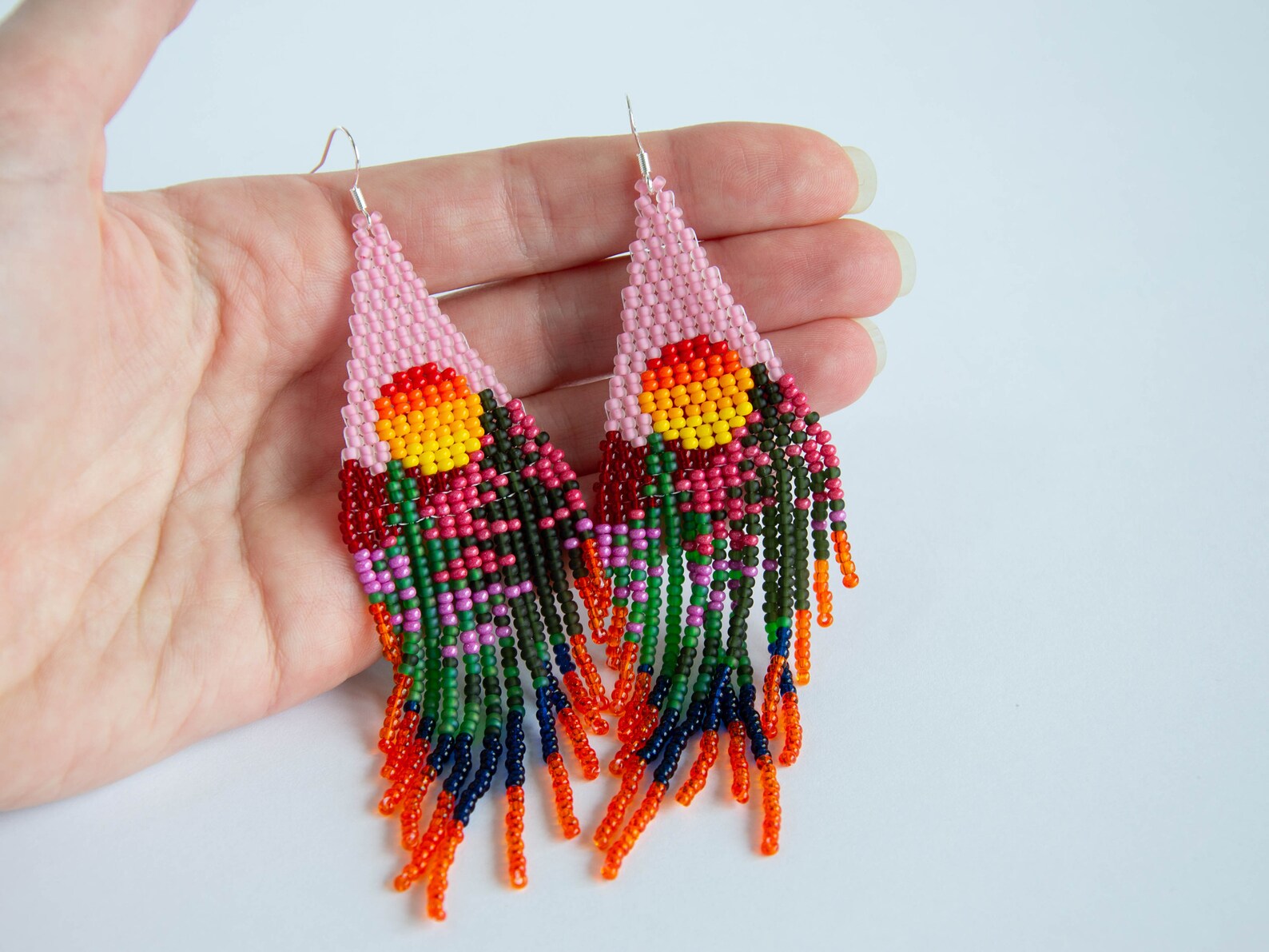 Beaded Sunset Earrings, Carpathian Spruce Fringe Earrings, Mountain ...