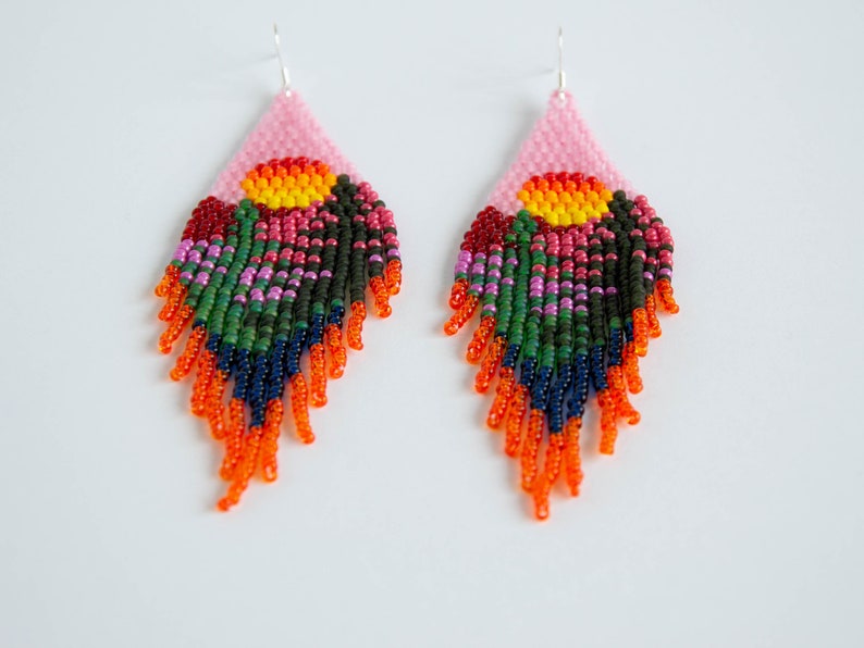 Beaded Sunset Earrings, Carpathian Spruce Fringe Earrings, Mountain ...