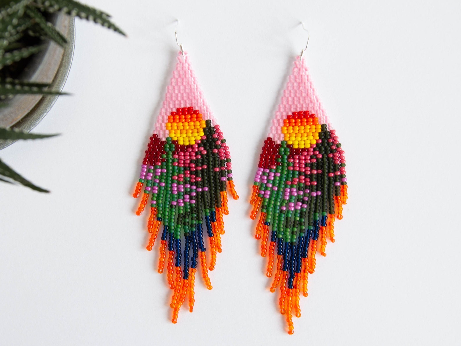 Beaded Sunset Earrings, Carpathian Spruce Fringe Earrings, Mountain ...