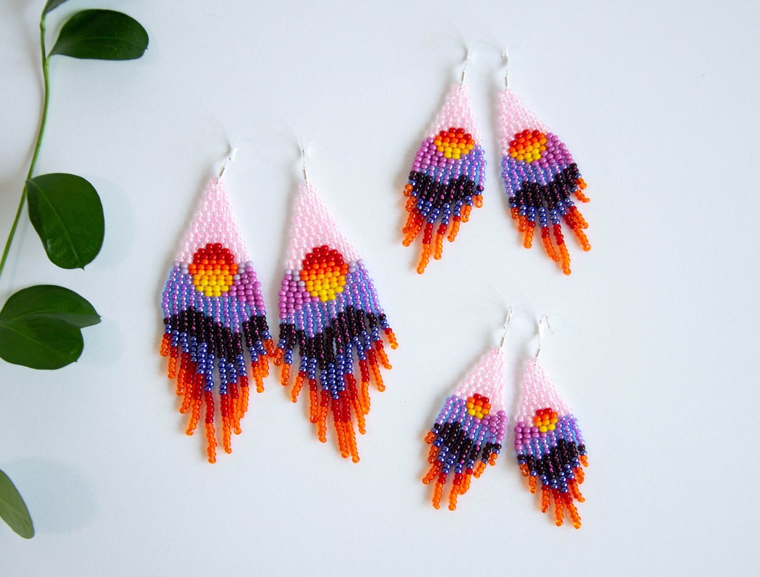 Sunset Sunrise Earrings, Beaded Fringe Earrings, 3 Sizes Mountain Sun ...