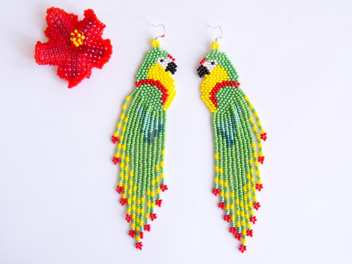 Colorful Parrot Earrings Cute Beaded Bird Very Long Earrings | Etsy