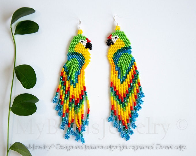 Colorful Parrot Earrings, Cute Beaded Bird Very Long Earrings, Seed ...