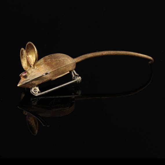 Vintage Retro 18K Yellow Gold Mouse Brooch - Gem