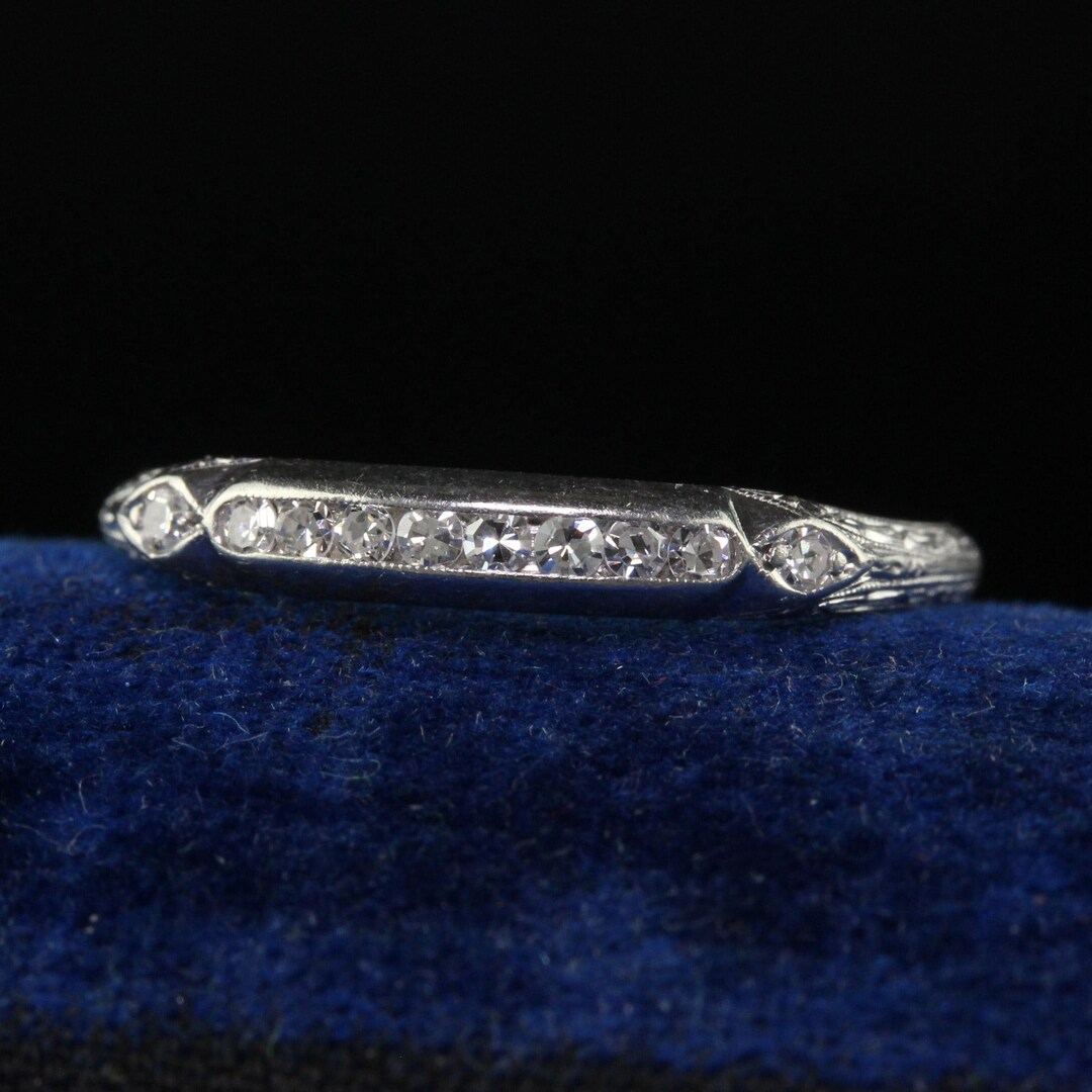 Antique Art Deco Platinum Single Cut Diamond Engraved Wedding Band Size ...