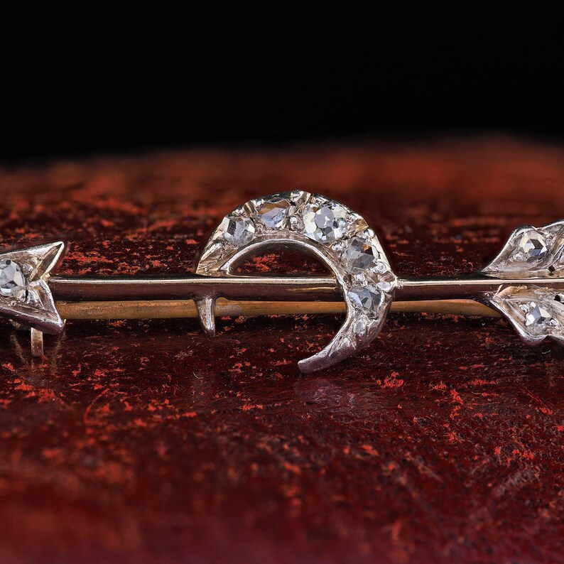 Antique Victorian 14k Gold and Silver Diamond Arrow and Crescent Pin ...
