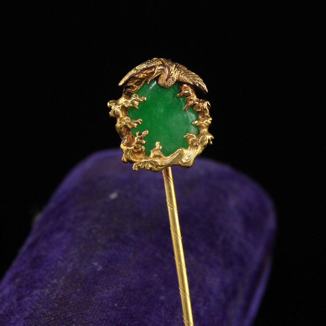 Vintage Mid Century 18k Yellow Gold Natural Jade Crane Stick Pin - Etsy