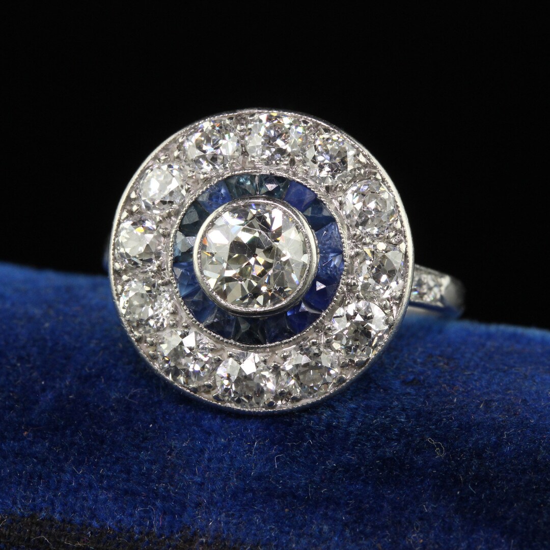 Antique Art Deco Platinum Old European Diamond and Sapphire Target ...