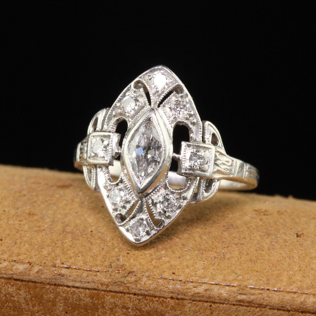 Antique Art Deco Platinum Old Marquise Diamond Filigree Shield Ring - Etsy