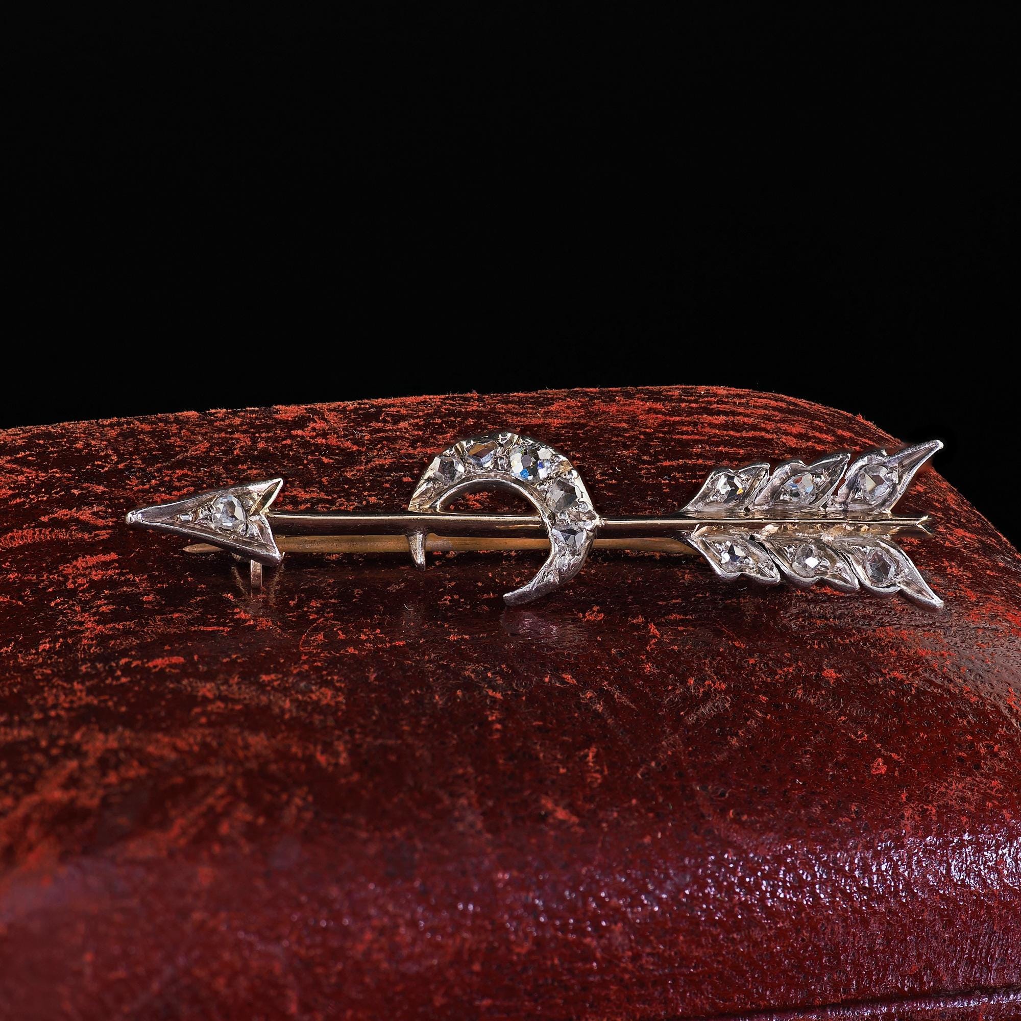 Antique Victorian 14k Gold and Silver Diamond Arrow and Crescent Pin ...