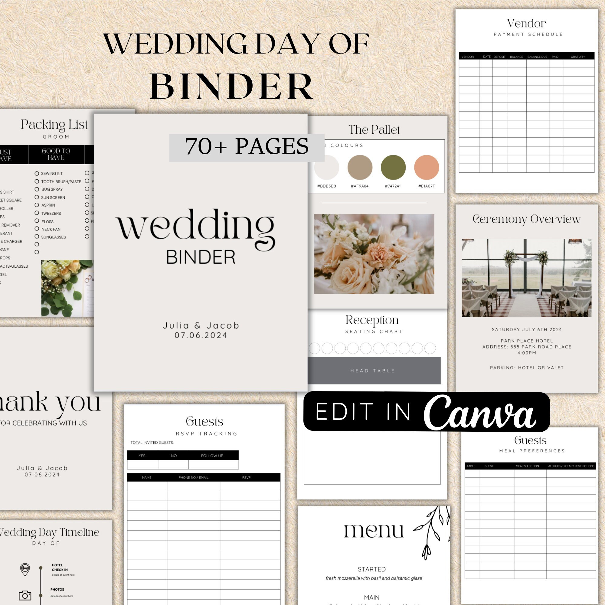 Wedding Day Binder Template - Wedding Day of Binder - Wedding Itinerary ...