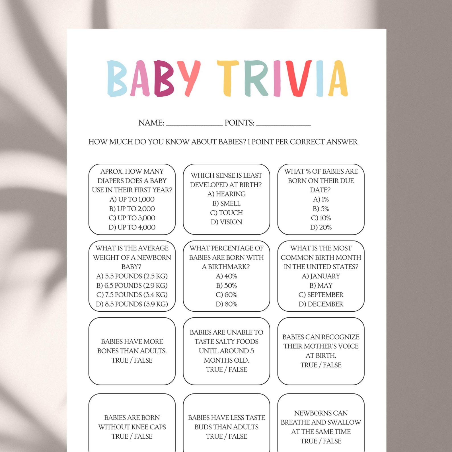 Fun Baby Shower Trivia Game Printable Baby Shower Games and Trivia ...