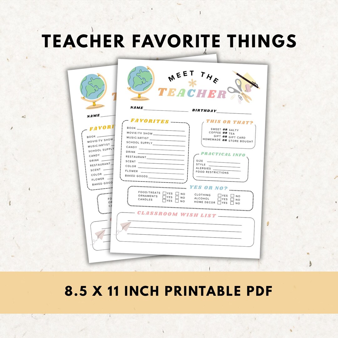 Teacher Favorite Things List: Back to School Questionnaire (printable ...