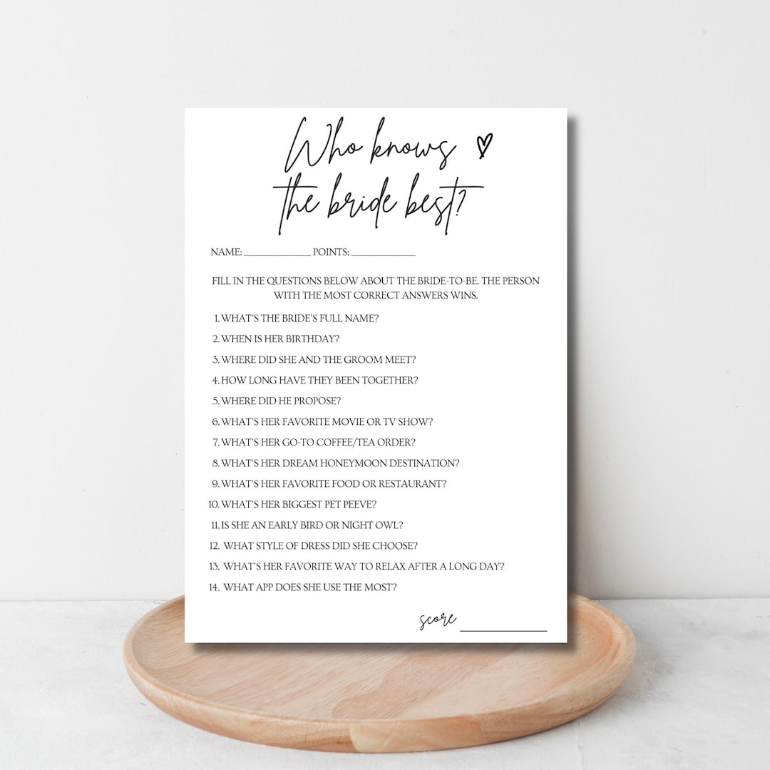 Who Knows the Bride Bridal Shower Game, Who Knows the Bride Best ...