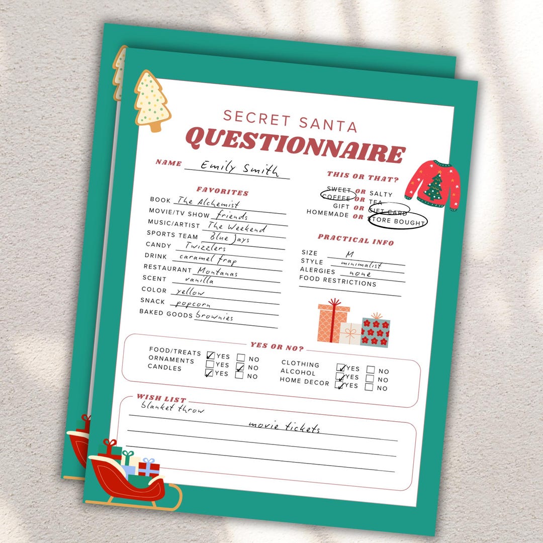 Secret Santa Form Fillable, Secret Santa Questionnaire for Coworkers ...