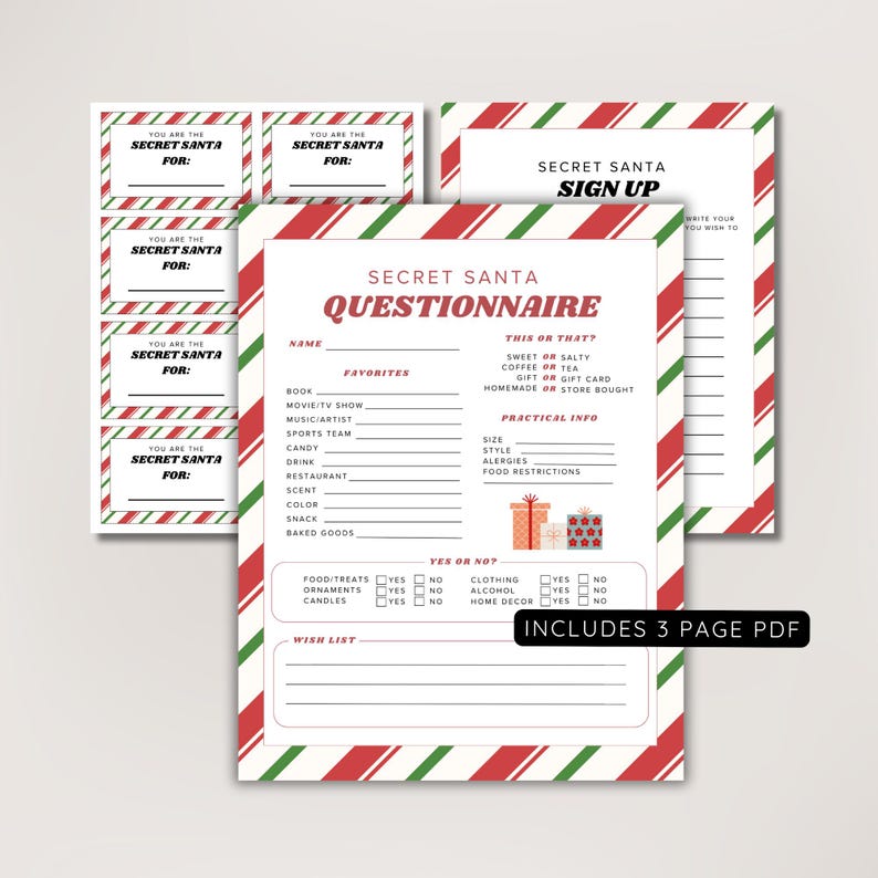 Secret Santa Form Fillable, Secret Santa Questionnaire for Coworkers ...