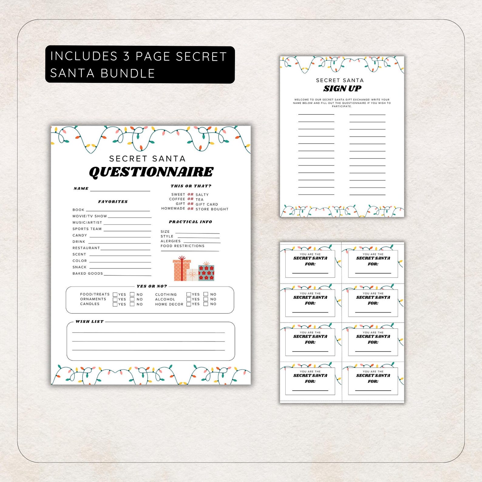 Secret Santa Form Fillable, Secret Santa Questionnaire for Coworkers ...